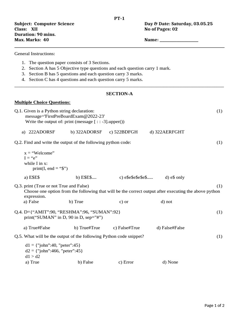 Python Class XII Pre-Board Exam Paper | PDF | Parameter (Computer ...