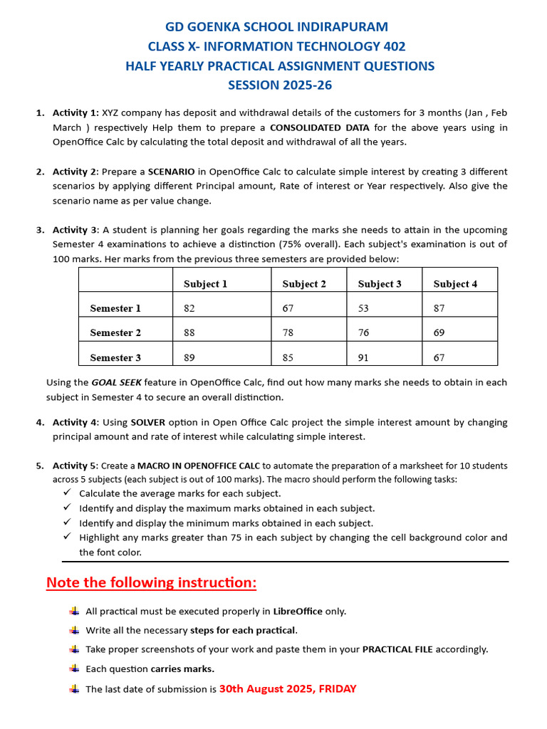 Practical Assignment Questions Half Yearly | PDF