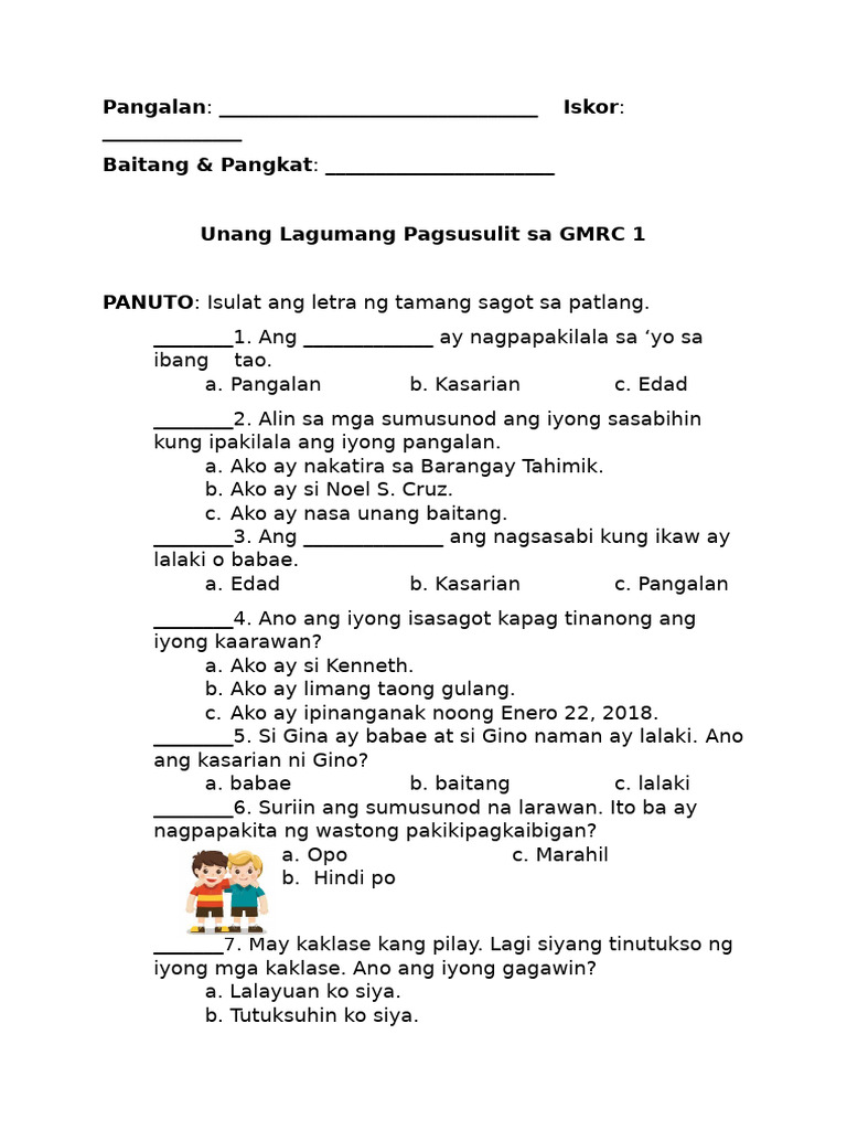 q1 Summative Test 1 in GMRC 1 | PDF