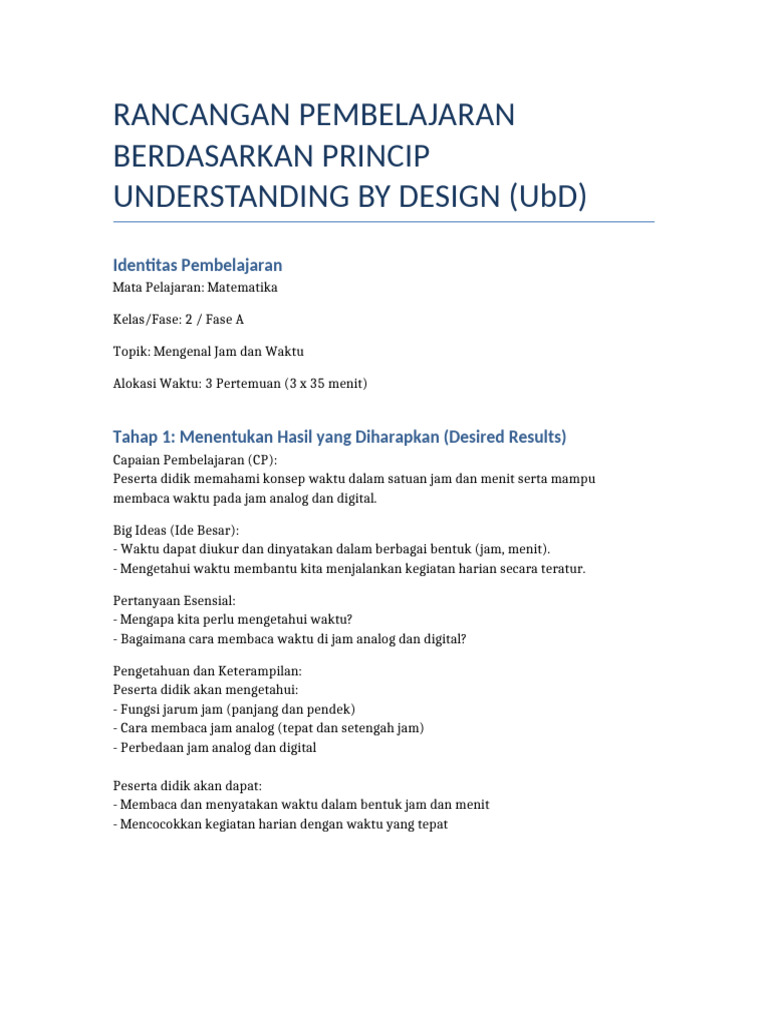 RPP UbD Kelas2 Topik Jam Waktu | PDF