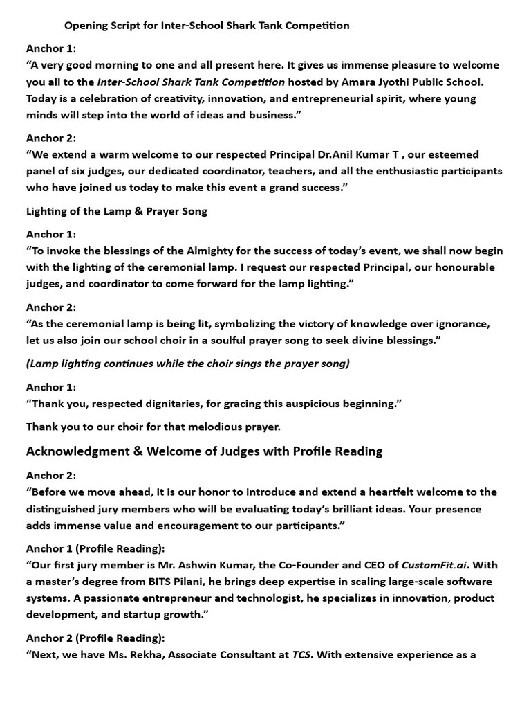 Inter-School Shark Tank Opening Script | PDF | Computing