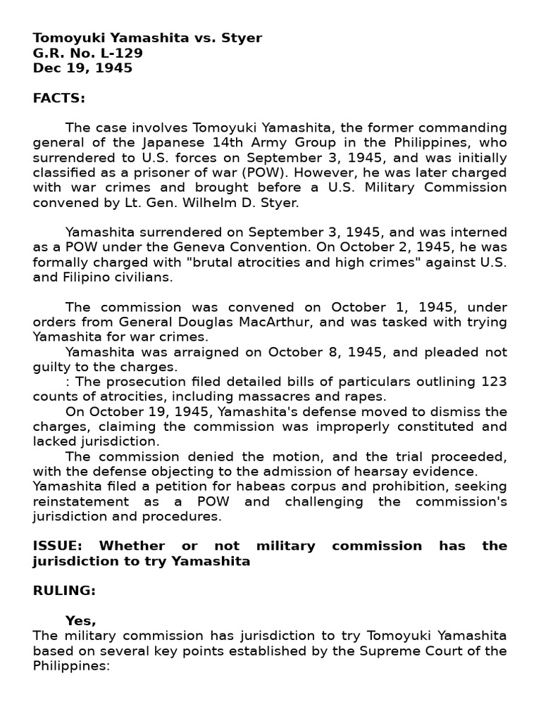 Tomoyuki Yamashita Vs Styer Case Digest | PDF | War Crime | Crimes