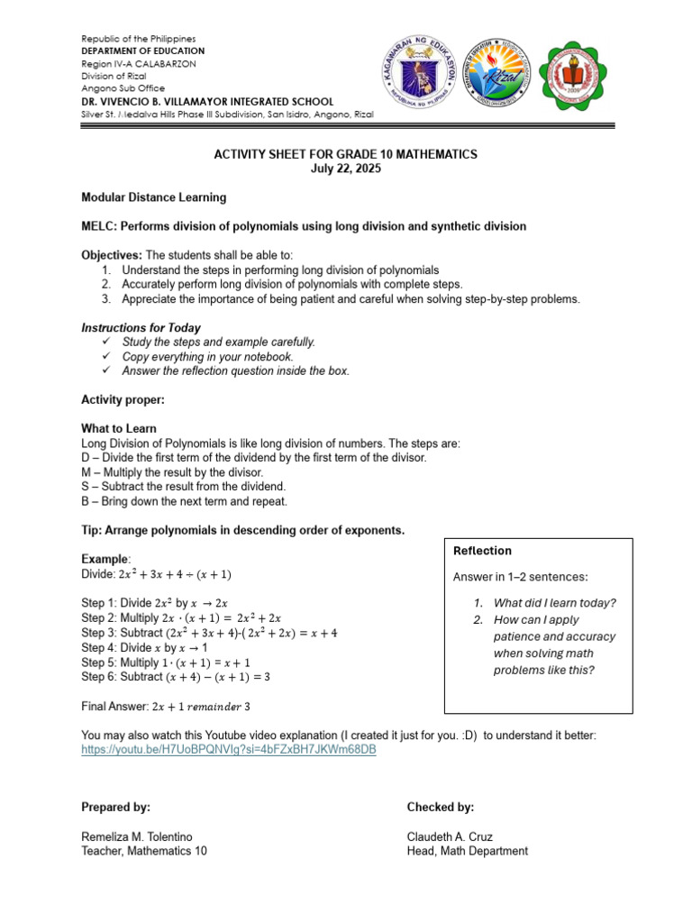 LAS For Mathematics 10 - July 22, 2025 | PDF | Algorithms | Number Theory