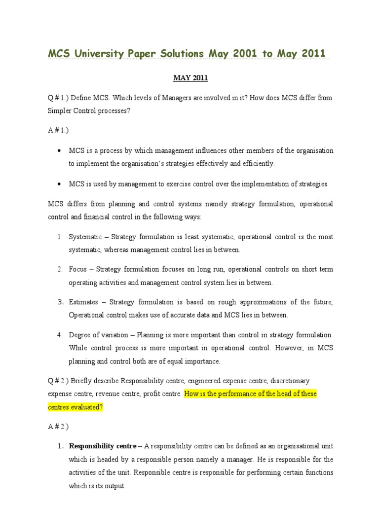 MCS Paper Solution Final | PDF | Free Cash Flow | Strategic Management