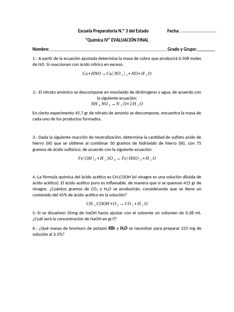 Evaluación Final de Química IV: Problemas y Soluciones | PDF