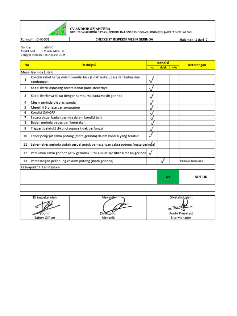Form Check List Inspeksi Mesin Gerinda | PDF