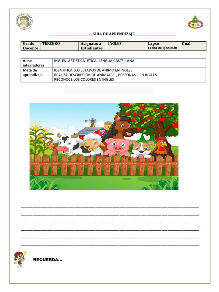 Guía de Aprendizaje: Animales y Emociones en Inglés | PDF