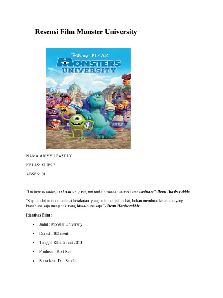 Resensi Film Animasi Monster University | PDF
