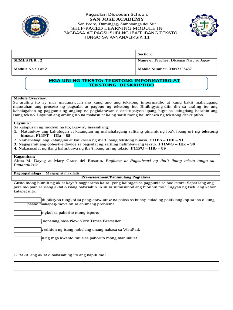 Self-Paced Learning Module In: San Jose Academy | PDF