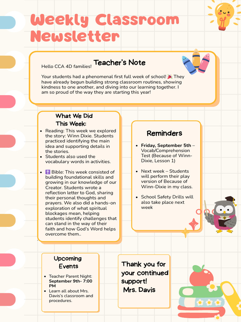Weekly Classroom Newsletter in Beige Playful and Cute Style | PDF