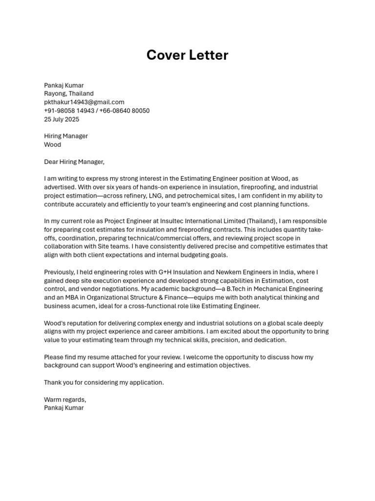 Estimating Engineer Cover Letter | PDF