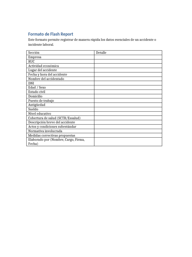 Formato Flash Report Tabla | PDF