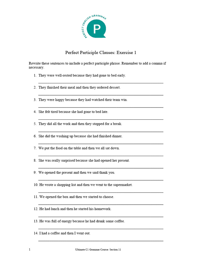 C1.11 Exercise - Perfect Participle Clauses 1 | PDF | Lunch | Meal