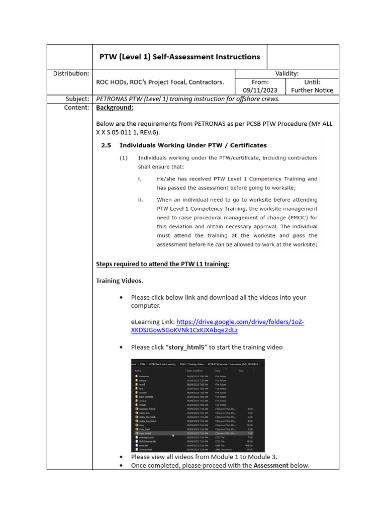 PTW Level 1 Self-Assessment Instruction - Rev.01 | PDF