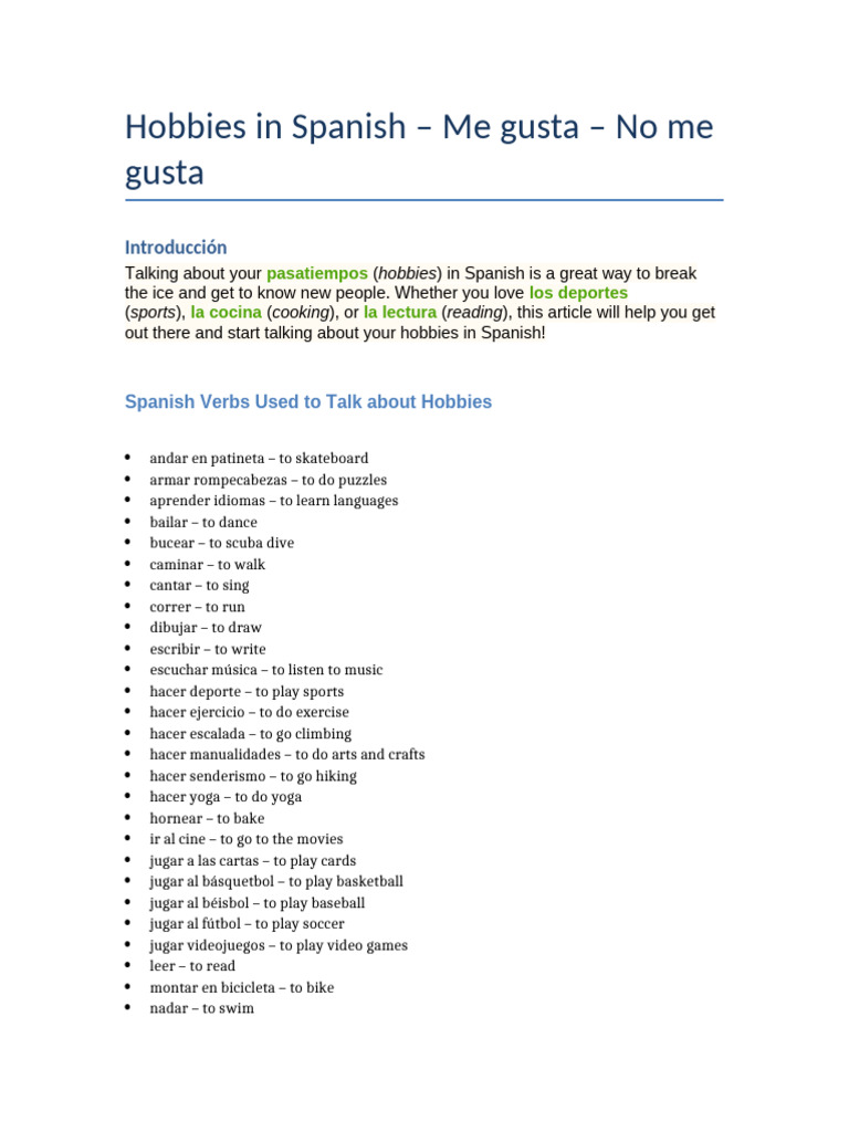 Hobbies in Spanish | PDF | Plural | Sustantivo