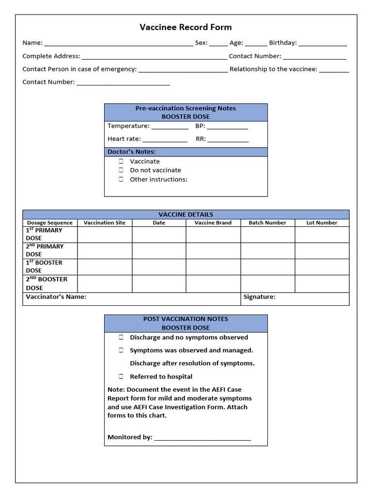 2ND BOOSTER Vaccinee Record Form | PDF