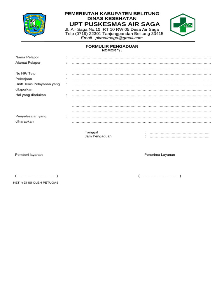 Form Penerimaan Pengaduan Puskesmas Air Saga | PDF