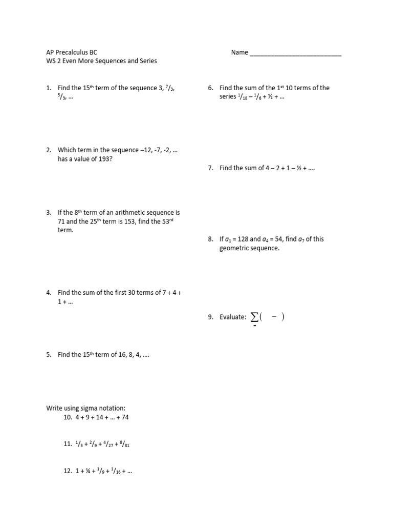 AP Precalculus BC: Sequences & Series Worksheet | PDF