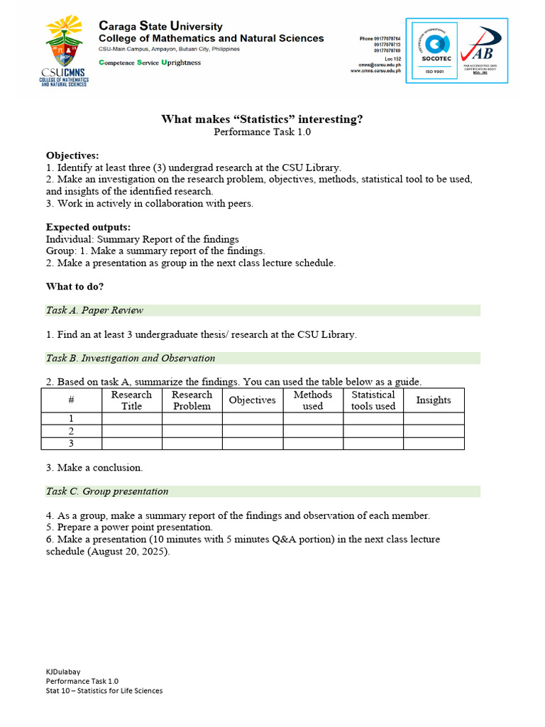 Performance Task No. 1 - Stat10 - HARS2 | PDF