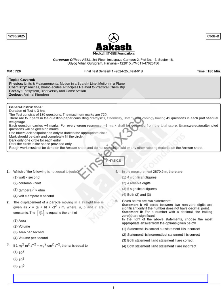 FTS - 01 (Code B) Question | PDF | Physics | Motion (Physics)