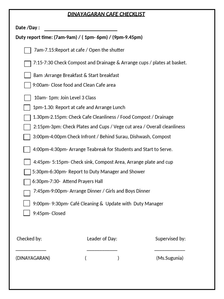 Dinayakaran Cafe Daily Checklist | PDF