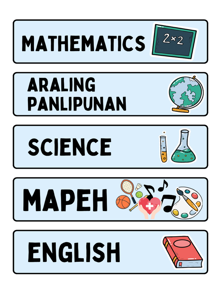 School Subjects Folder Labels in Blue and Green Illustrative Style | PDF