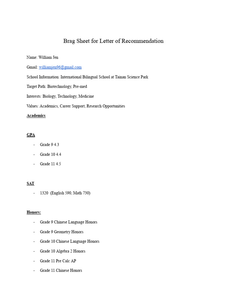 Brag Sheet For Letter of Recommendation | PDF