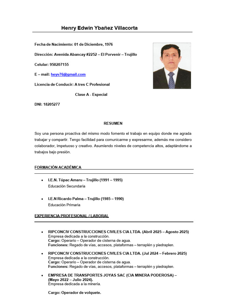 CV Henry Edwin Ybañez Villacorta | PDF | Información | Derecho laboral