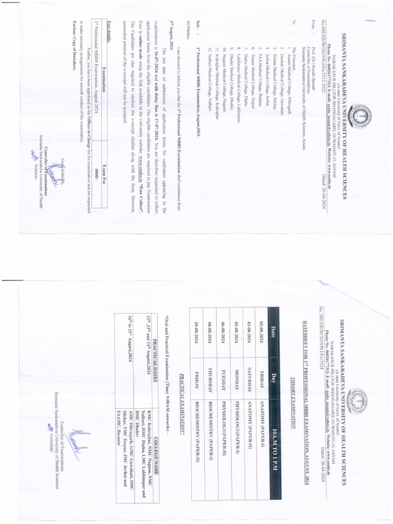 1st Prof. MBBS Exam - August 24 | PDF