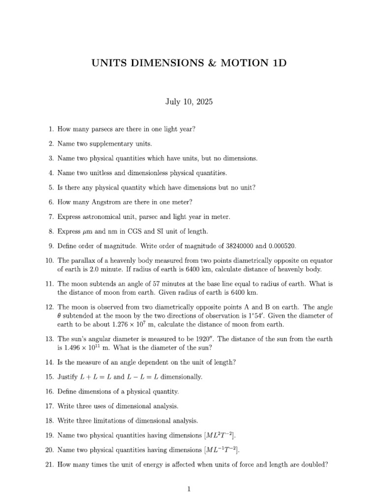 Units Dimensions & Motion 1d | PDF