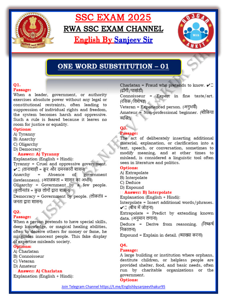One Word Substitution Quiz Answers | PDF | Hedonism | Psychological Egoism