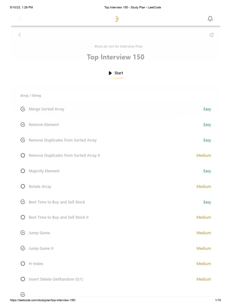 Top Interview 150 - Study Plan - LeetCode | PDF | Algorithms And Data ...