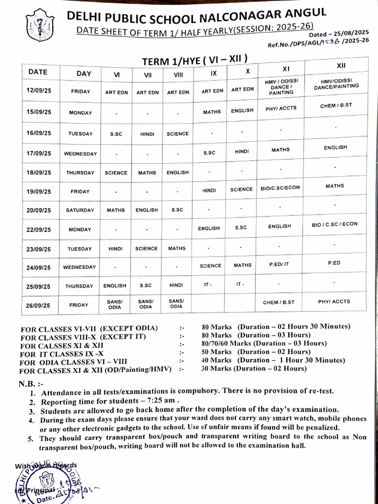 Revised Date Sheet - Term 1 HYE - 2025-26 | PDF