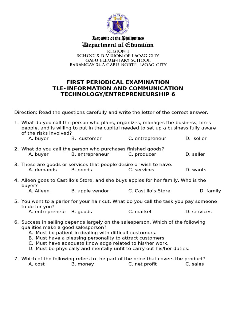 Grade 6 TLE First Periodical Exam | PDF | Wiki | Sales