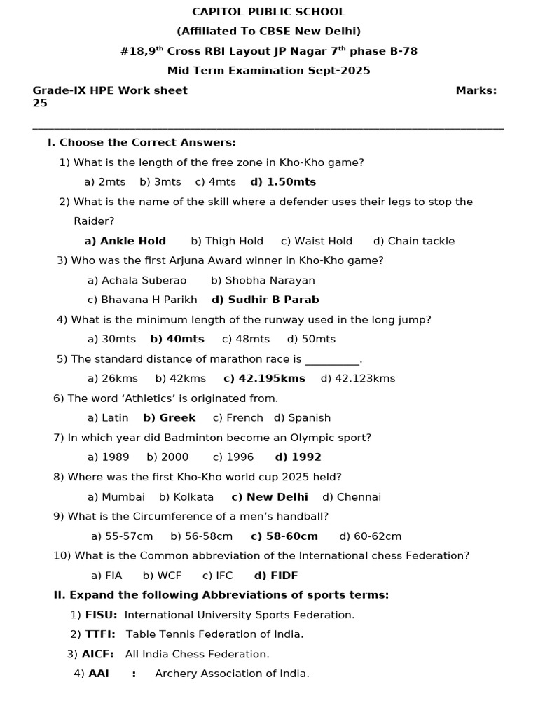 Grade IX HPE Mid Term Exam Worksheet | PDF | Volleyball | Sports