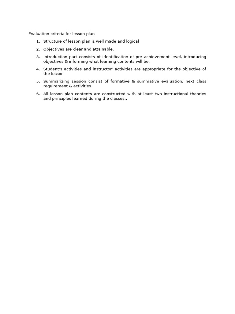 Evaluation Criteria For Lesson Plan | PDF