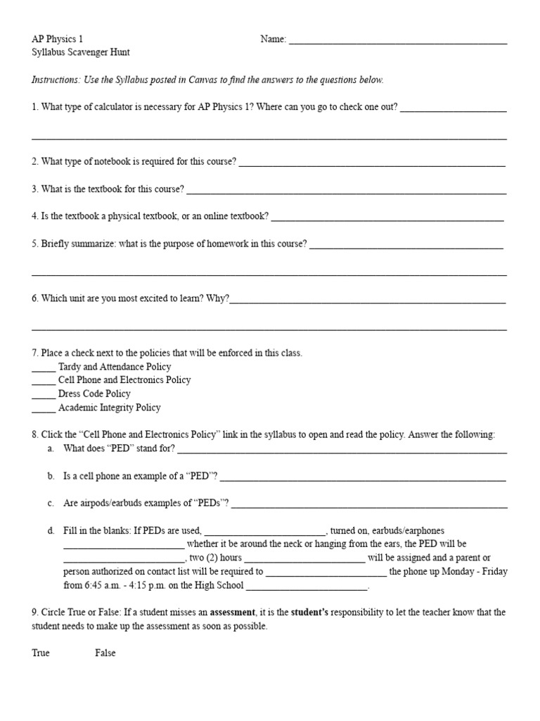 AP Physics 1 Syllabus Scavenger Hunt | PDF | Chess | Chess Theory