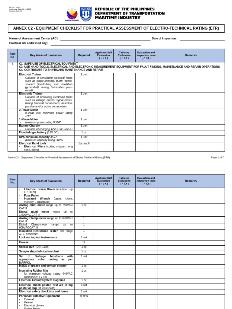 AD 58 Annex C2 Equipment Checklist For Practical Assessment of ETR ...