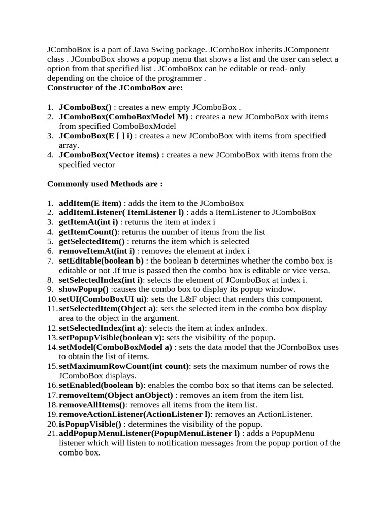 JComboBox Is A Part of Java Swing Package | PDF | Computer Programming | Software Engineering