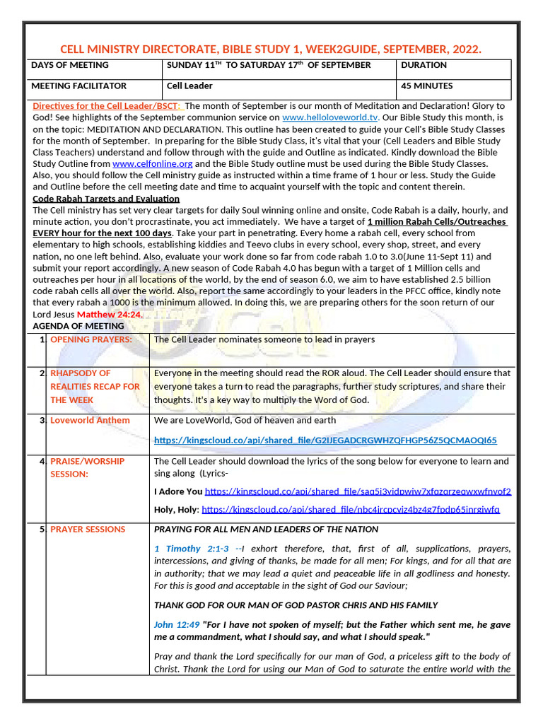Cell Ministry Directorate, Bible Study 1, Week2Guide, September, 2022 ...