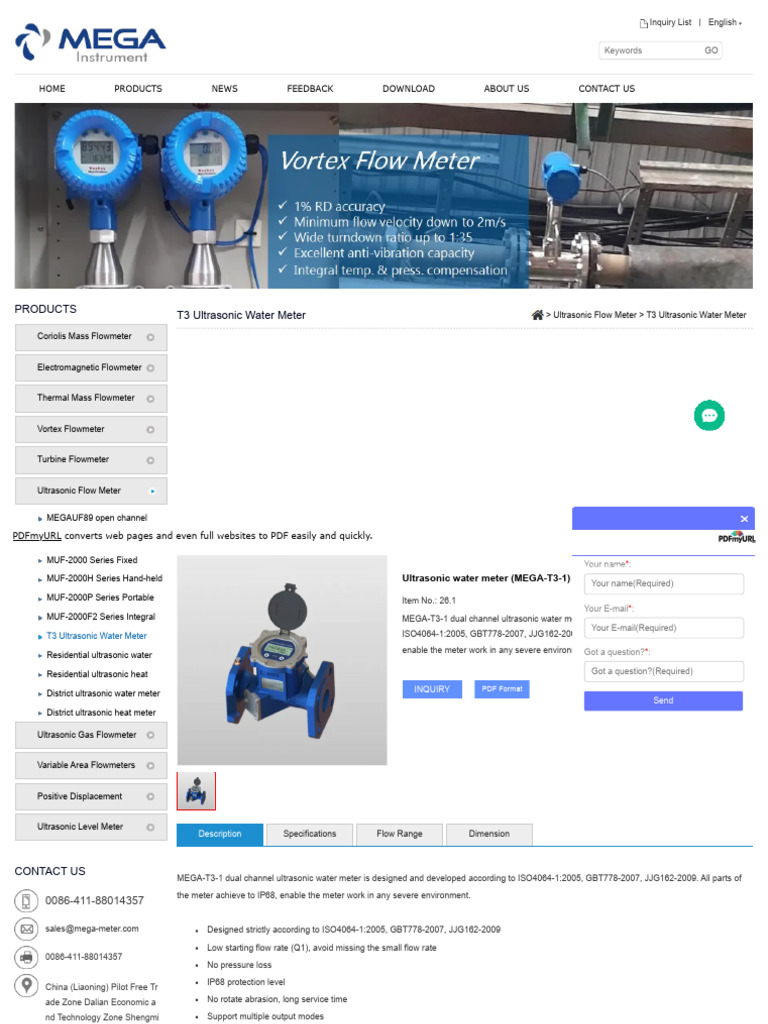 MEGA-T3 Ultrasonic Water Meter Overview | PDF | Flow Measurement | Gases