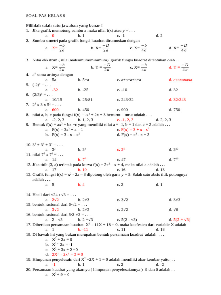 Soal PAS MTK Dan Jawaban Kelas 9 2020 | PDF
