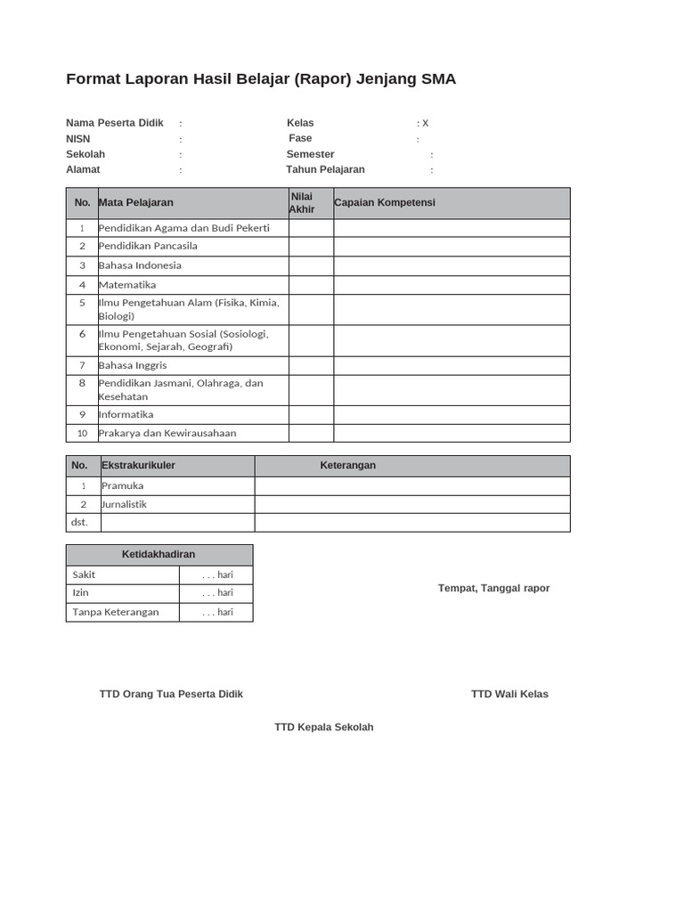 Format Rapor Hasil Belajar SMA | PDF