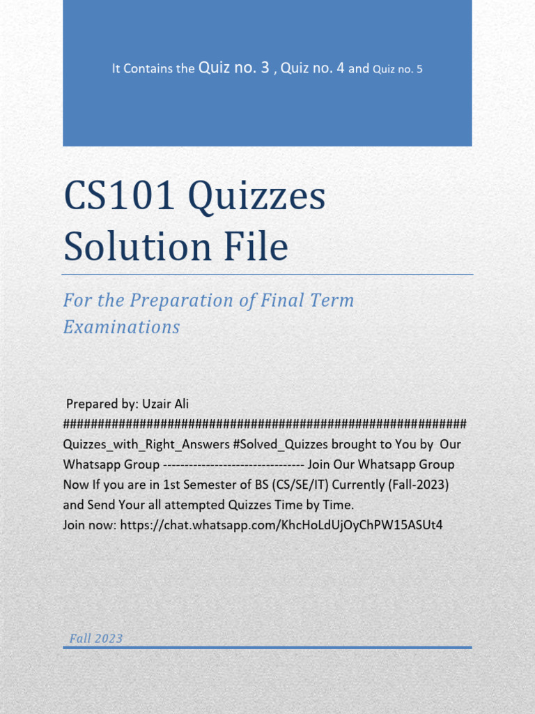 CS101 Solved Quizzes File by Uzair Ali (Fall 2023) | PDF | Microsoft Word | Control Flow