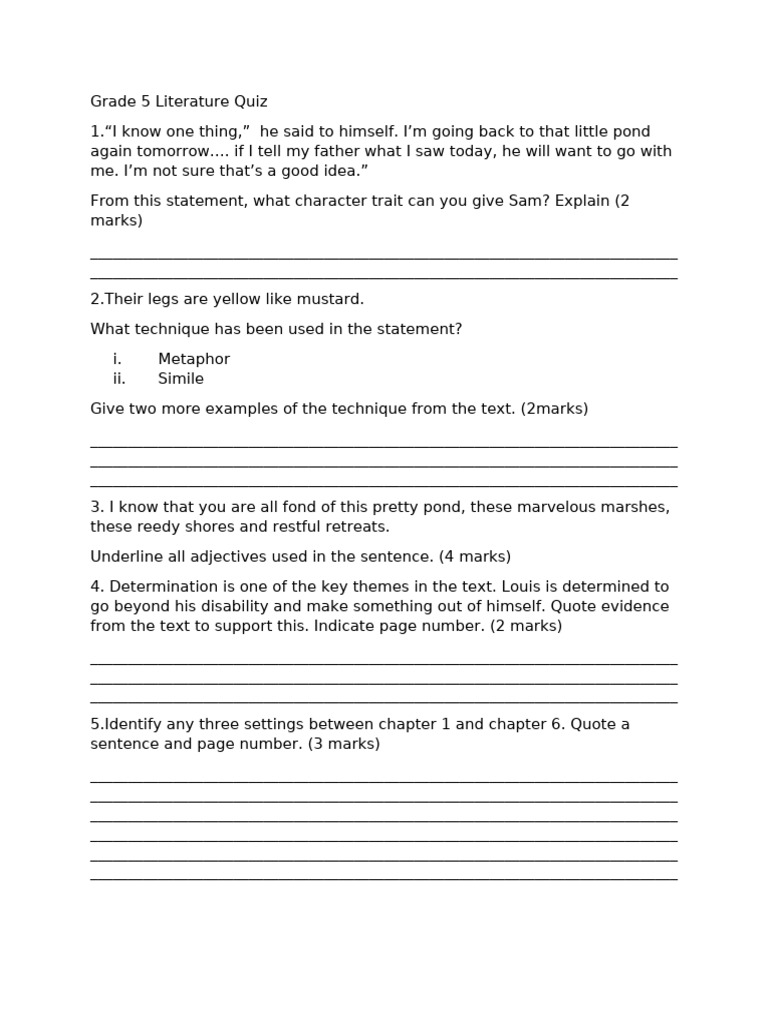 Grade 5 Literature quiz | PDF