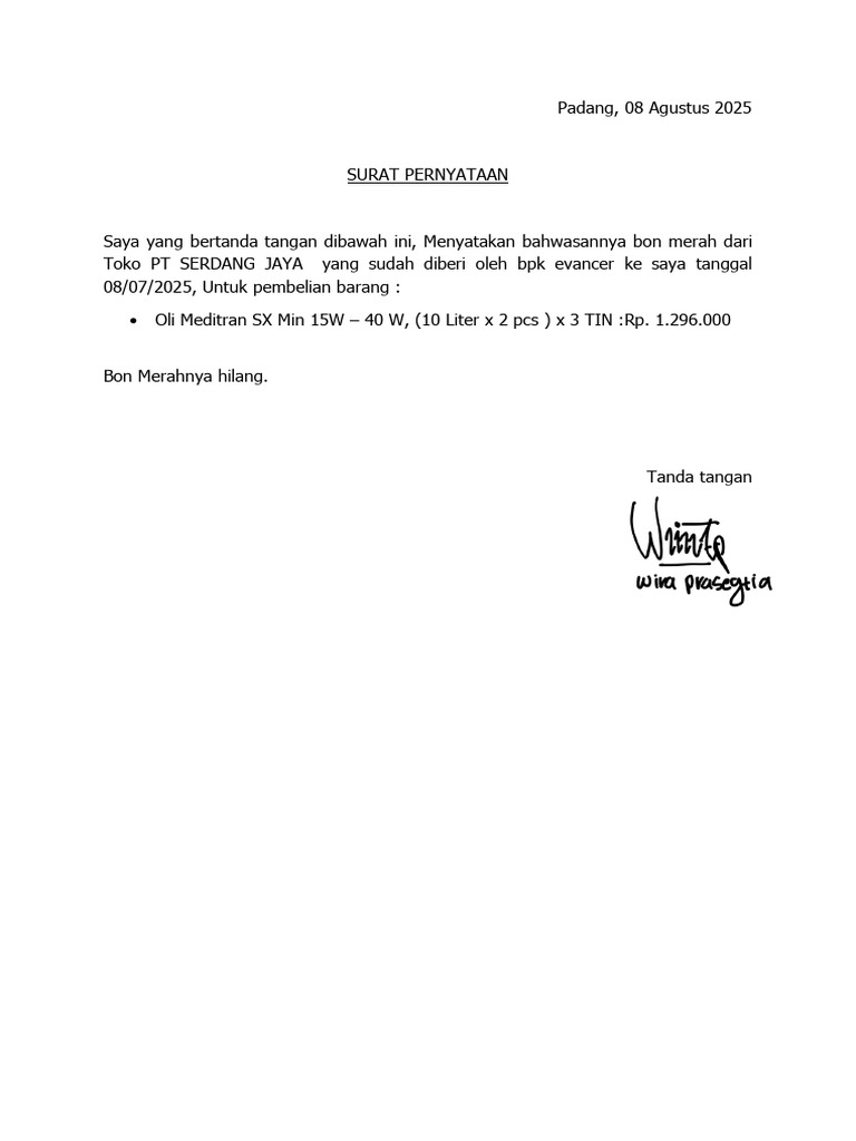Surat Pernyataan Bon Merah Pernyataan Bon | PDF