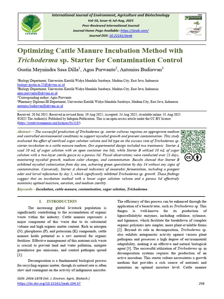 Optimizing Cattle Manure Incubation Method With Trichoderma Sp. Starter For Contamination ...