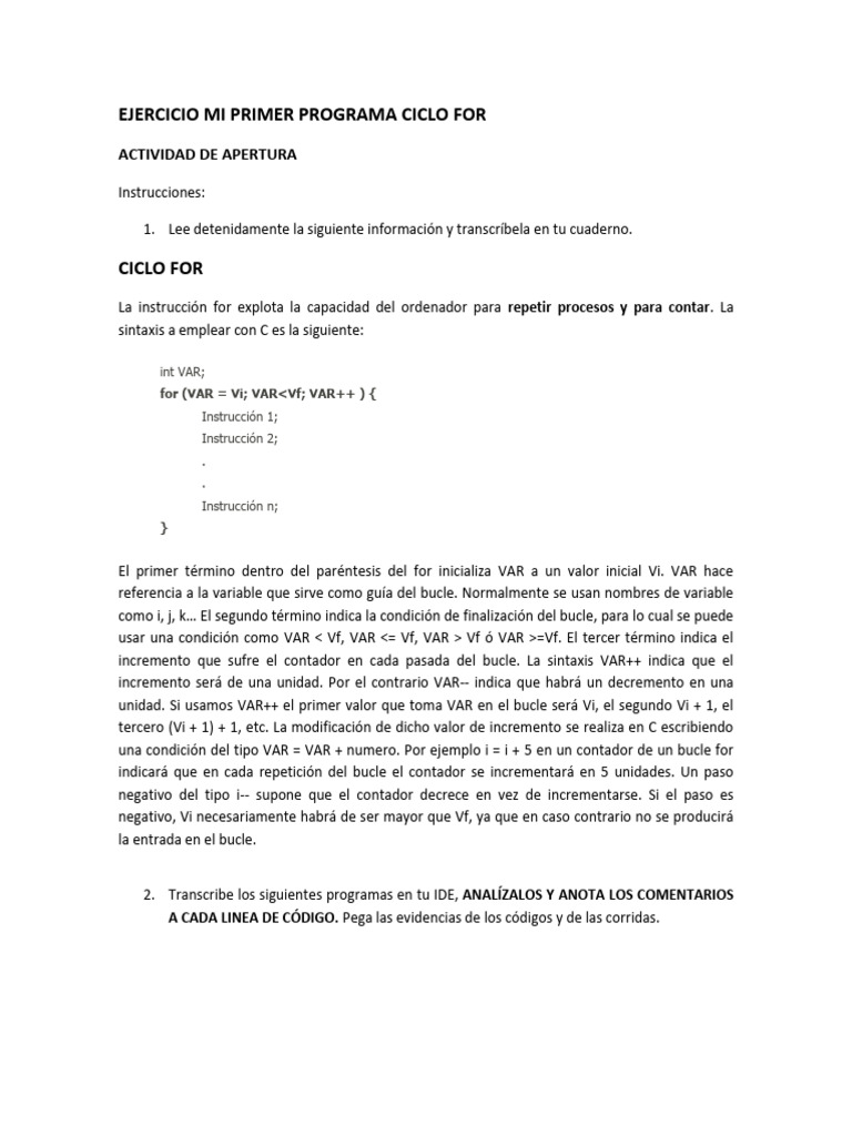 Introducción al Ciclo For en C | PDF | Flujo de control | Programación ...