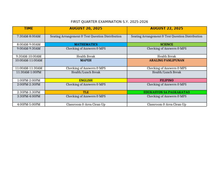 First Quarter Exam Schedule 2025-2026 | PDF