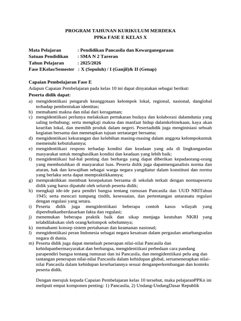 4. PROTA Fase E Kelas X - Pendidikan Pancasila (Websiteedukasi.com) (1) | PDF